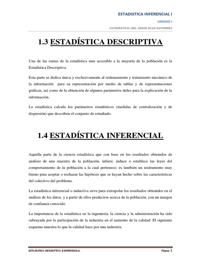 1.3 y 1.4 ESTADISTICA DESCRIPTIVA Y ESTADISTICA INFERENCIAL | PDF | Estadísticas | Estadísticas ...