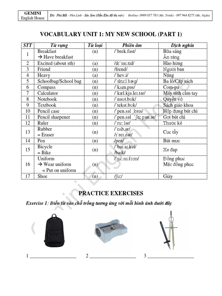 Vocabulary Part 1 - Unit 1 - My New School | PDF