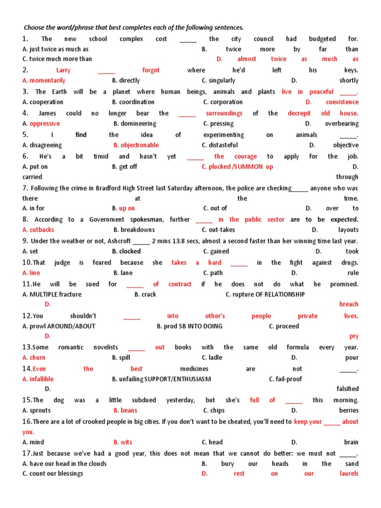 Choose The Word/phrase That Best Completes Each of The Following ...