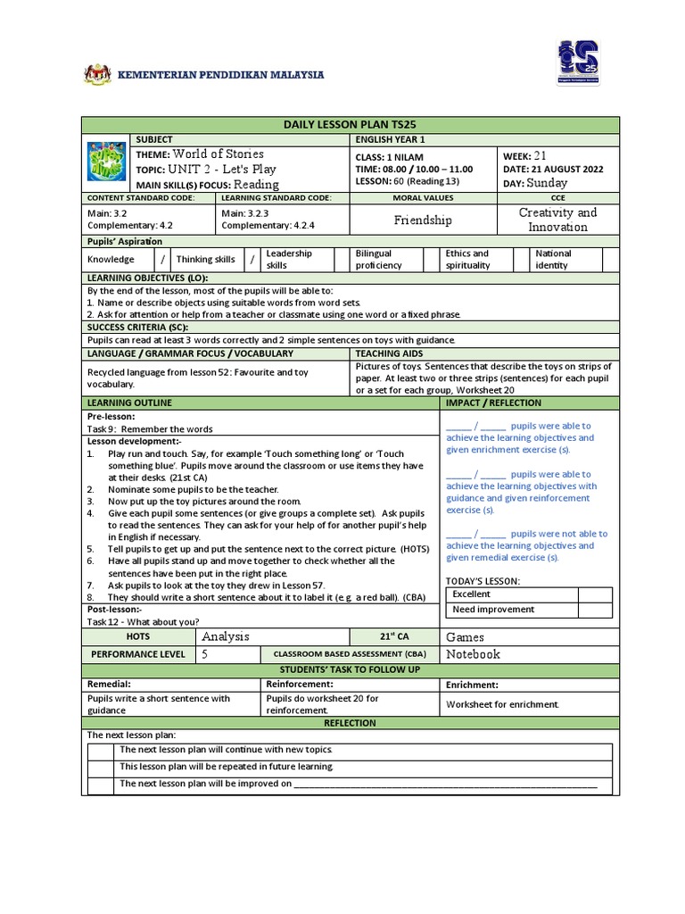 RPH BI TS25 | PDF | Lesson Plan | Teachers