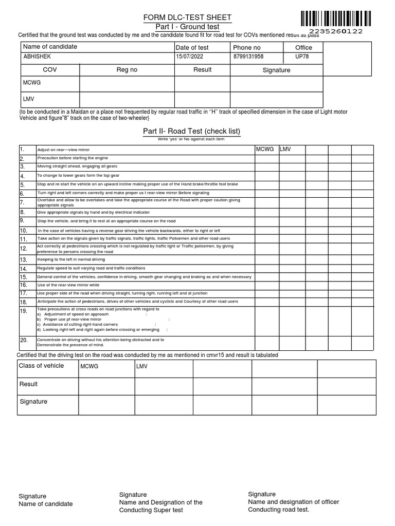 Form Dlc-Test Sheet Part I - Ground Test | PDF | Traffic | Road