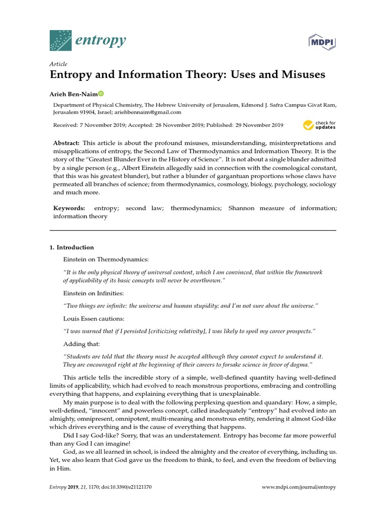 Entropy: Entropy and Information Theory: Uses and Misuses | PDF ...