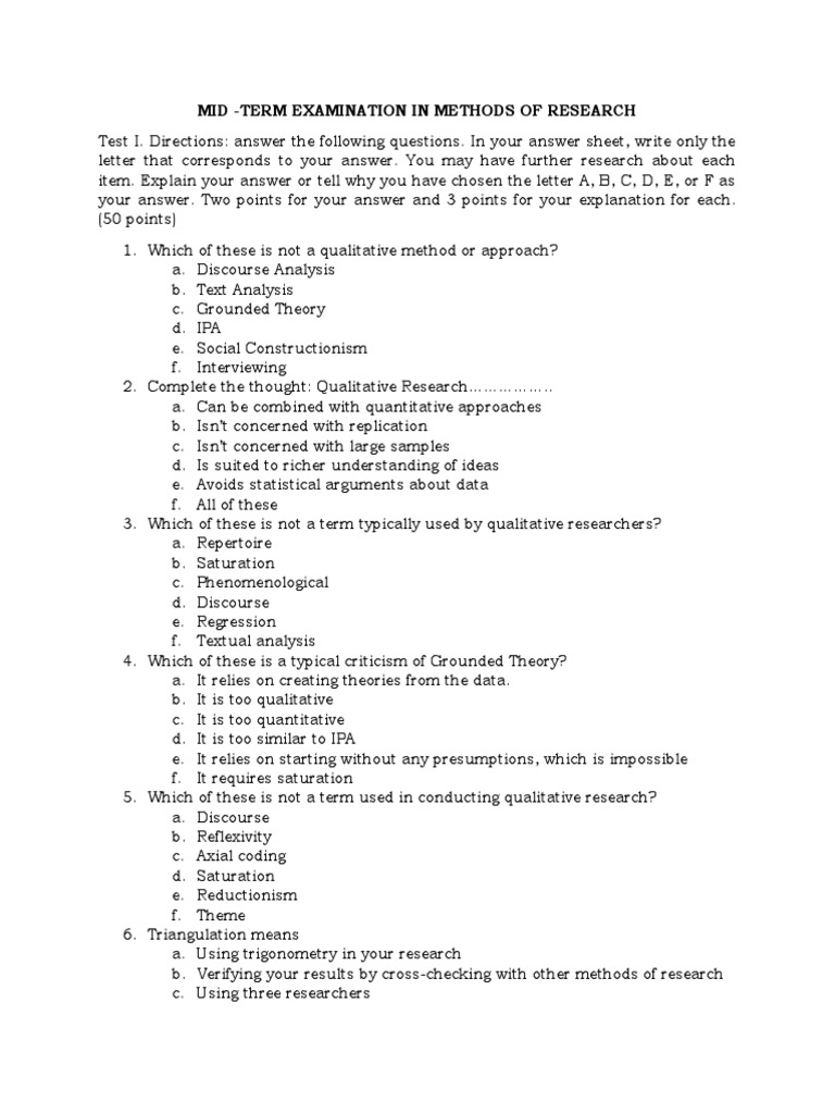 Mid-Term Exam on Research Methods | PDF | Qualitative Research | Quantitative Research