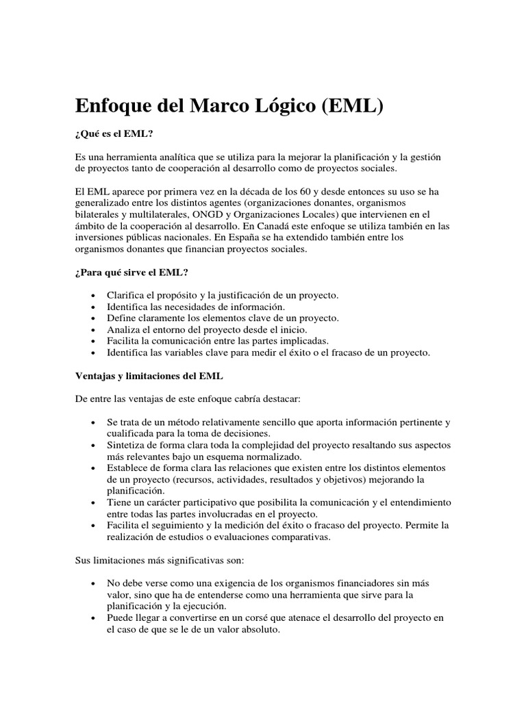 Enfoque Del Marco Lógico (EML) | PDF | Planificación | Ayuda para el ...