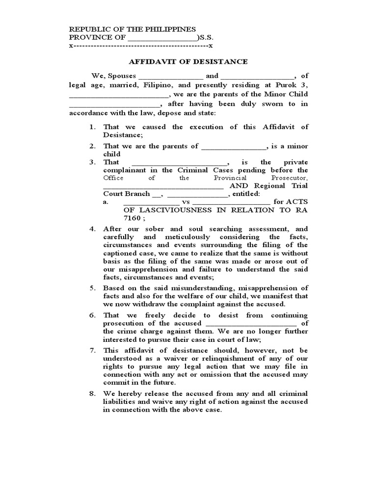 Affidavit of Desistance Sample | PDF | Affidavit | Prosecutor
