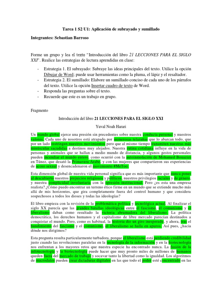Trabajo en Clase 1 S2 U1 - Aplicación de Subrayado y Sumillado Sebastian Barroso | PDF ...