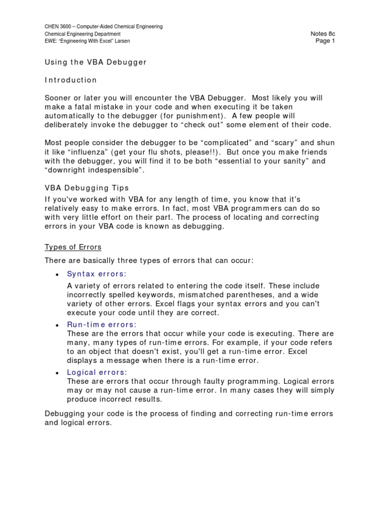Vba Debugging Tools Pdf Microsoft Excel Subroutine