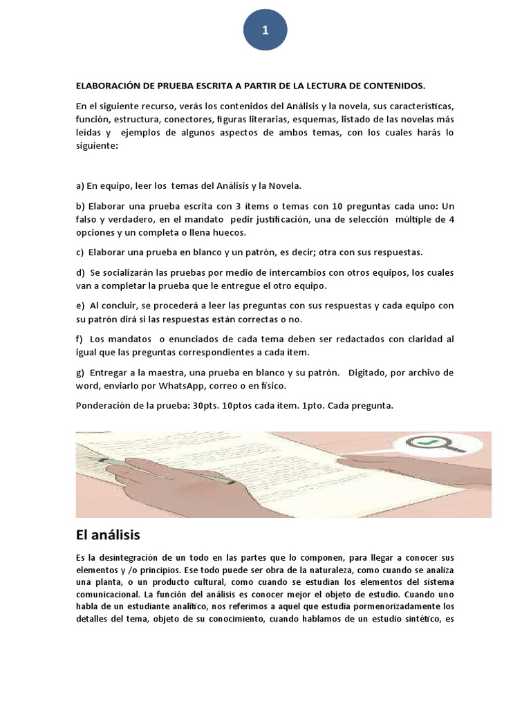El Análisis y La Novela. Elaboración Prueba Escrita. | PDF | Análisis | Narración