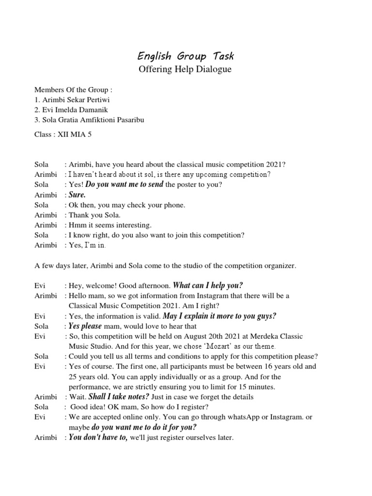 English Group Task: Offering Help Dialogue | PDF | Language Arts ...