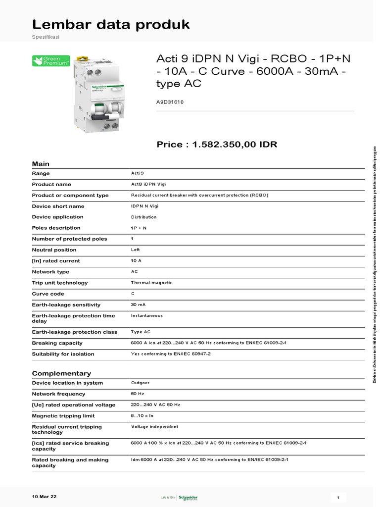 Lembar Data Produk: Acti 9 iDPN N Vigi - RCBO - 1P+N - 10A - C Curve ...