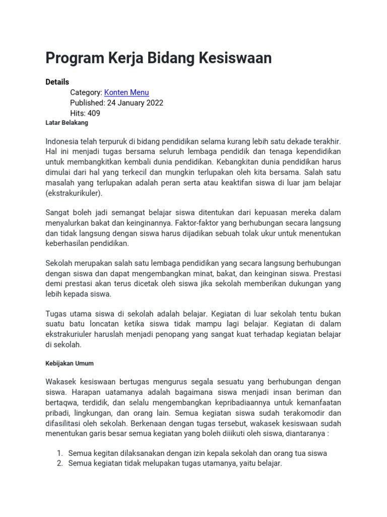 Program Kerja Kesiswaan Sekolah 2022 | PDF
