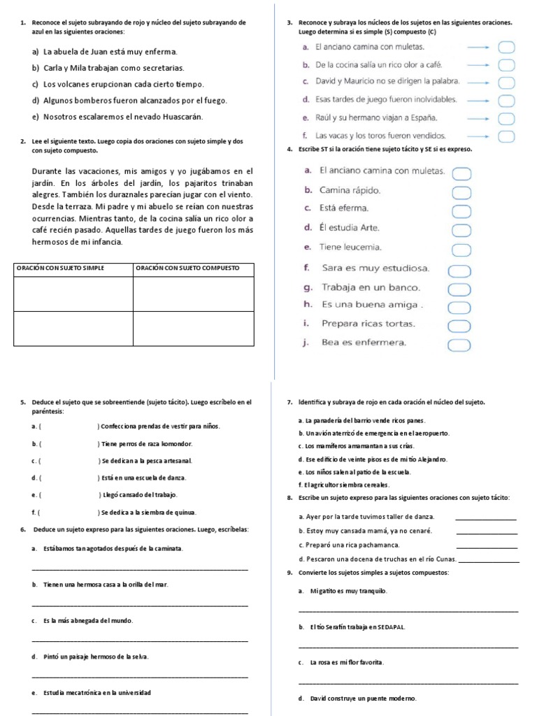 Ejercicios sobre Sujeto Tácito y Expreso | PDF | Artes del Lenguaje y ...