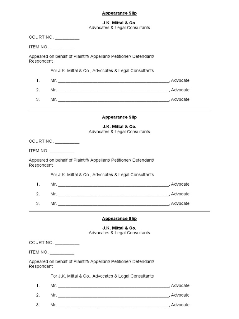 Appearance Slip in Court | PDF