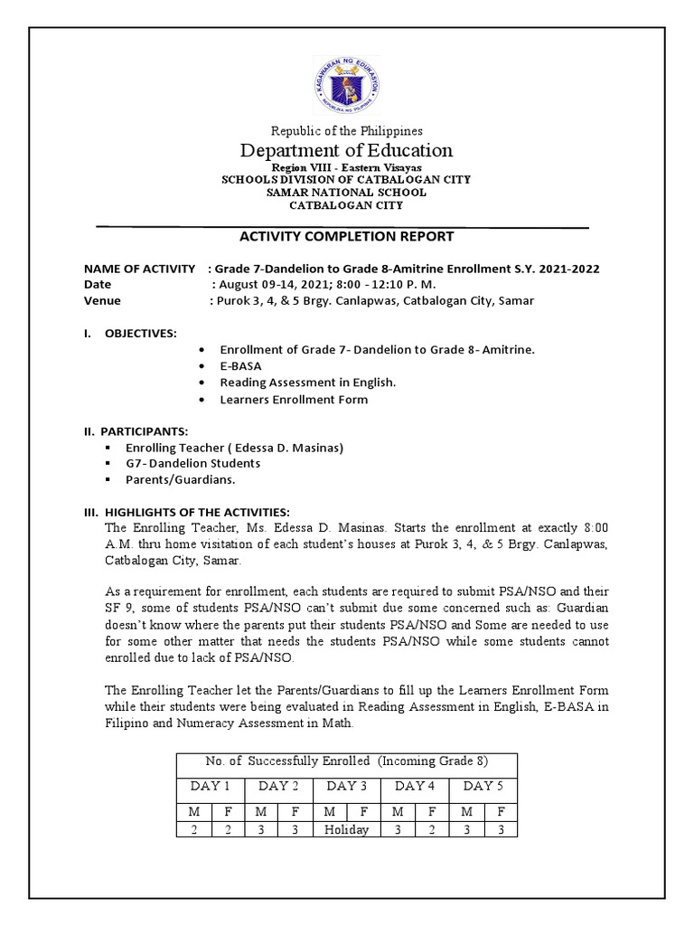 Department of Education: Activity Completion Report | PDF | Behavior Modification | Learning