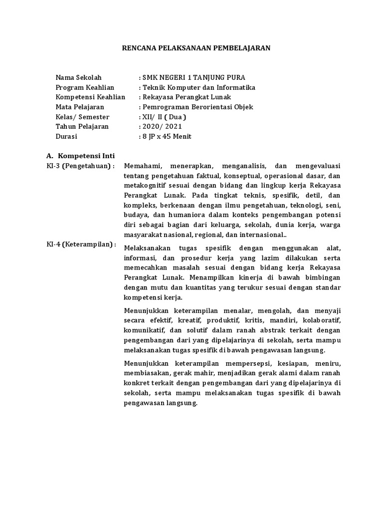 RPP Pemrograman Berorientasi Objek Pbo | PDF