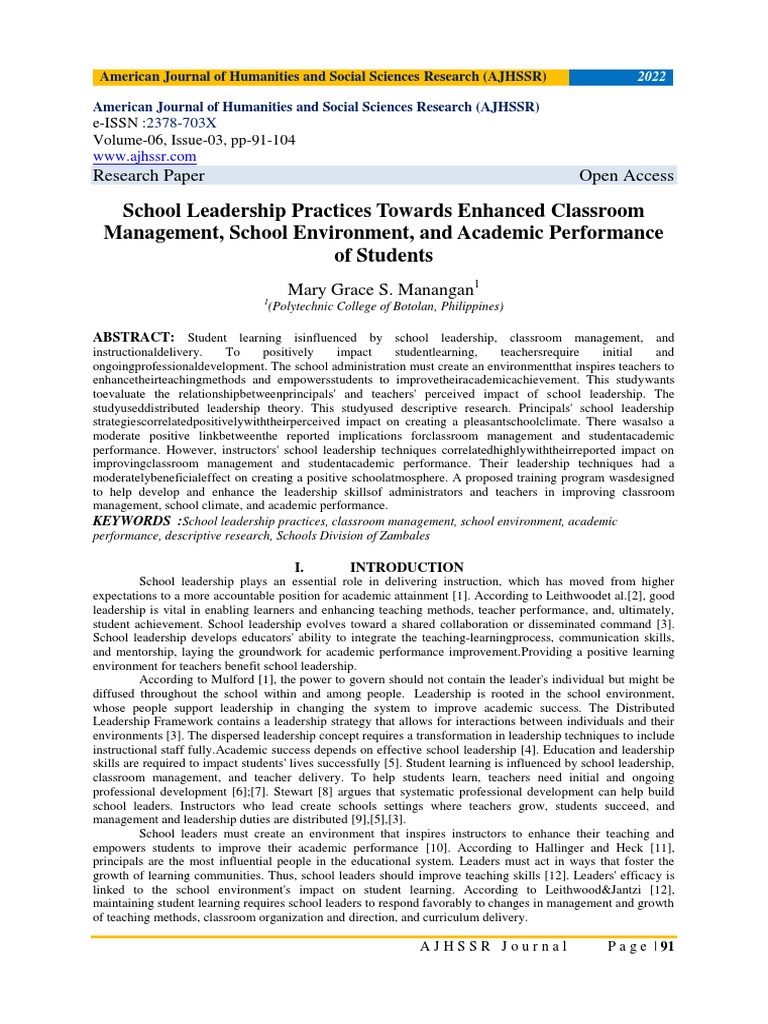 School Leadership Practices Towards Enhanced Classroom Management ...