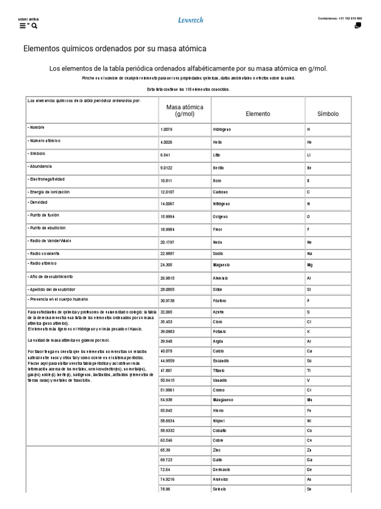 Elementos Químicos Ordenados Por Su Masa Atómica | PDF | Elementos ...