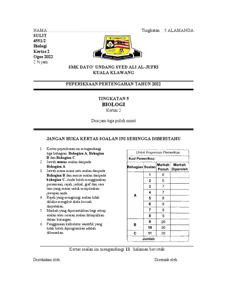 Cover Muka Depan Soalan T5 Bio K2 PPT 2022 | PDF