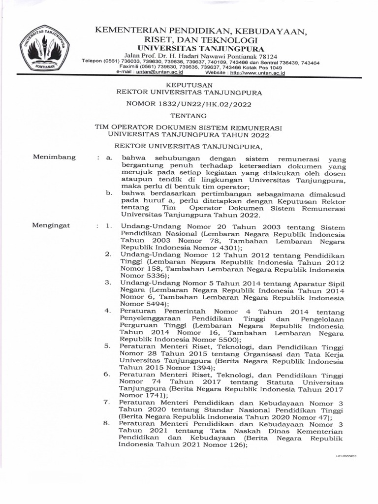 SK Tim Operator Dokumen Sistem Remunerasi Untan Tahun | PDF