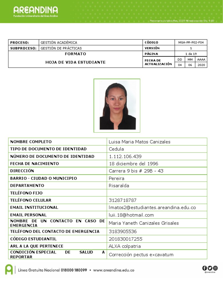 Mga-Pr-P02-F04 Hoja de Vida Estudiante Actual 2020 | PDF | Especialidades Medicas