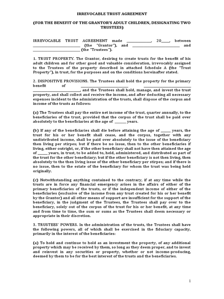 Irrevocable Trust Agreement Template | PDF | Trust Law | Trustee