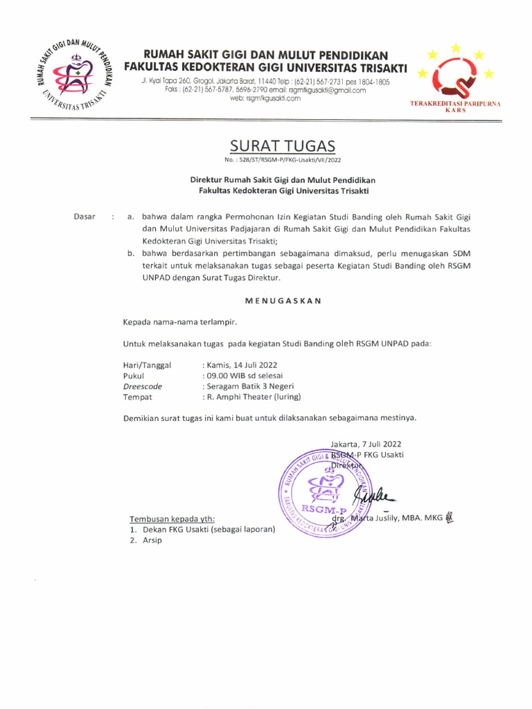 Surat Tugas Studi Banding RSGM Unpad | PDF Surat Tugas Studi Banding RSGM Unpad | PDF