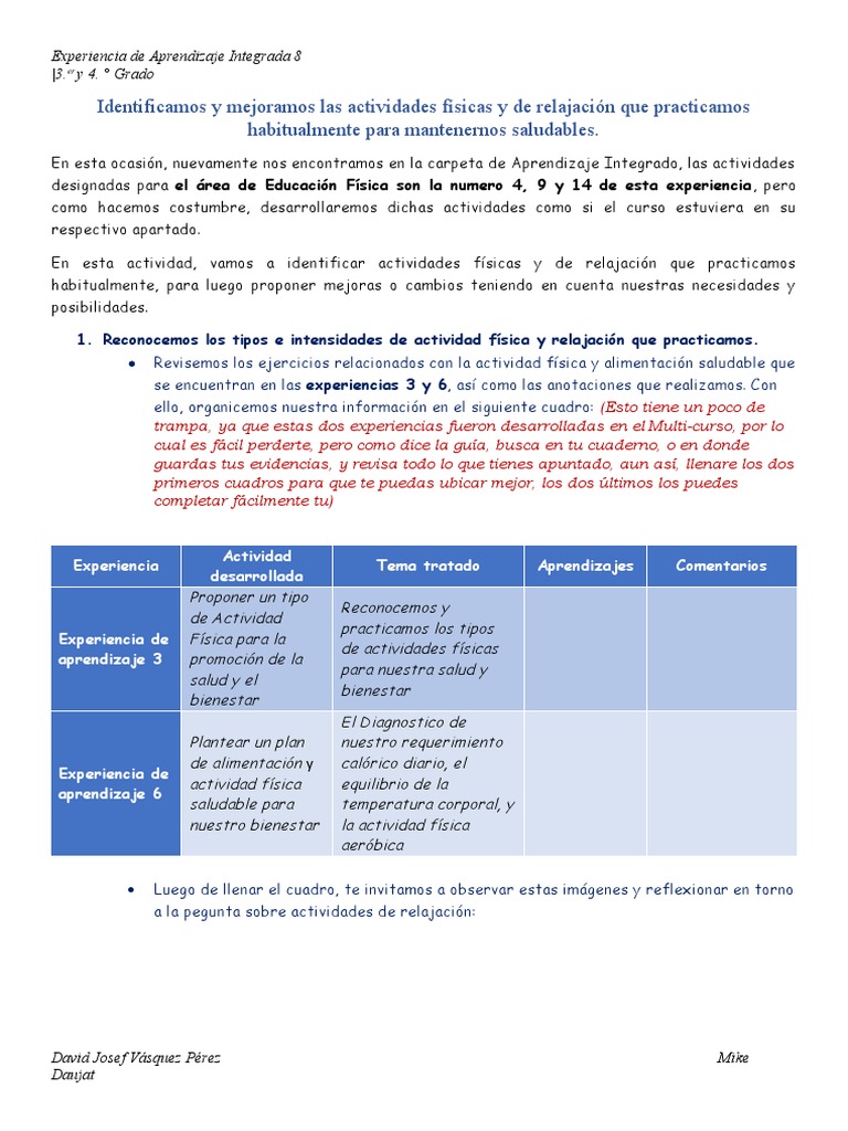 Ed. Física29 3ro y 4to (Actividad 1 Exp 8) | PDF | Aprendizaje