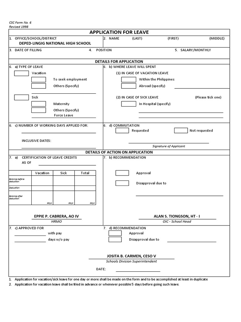 Application For Leave: Deped-Lingig National High School | PDF | Sick ...