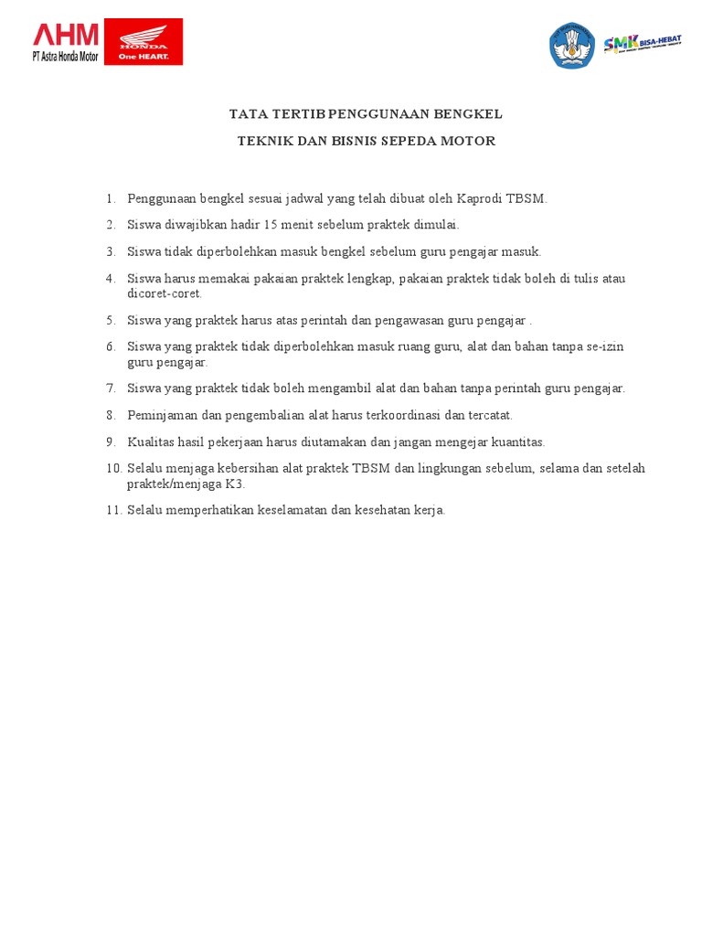 Tata Tertib Penggunaan Bengkel | PDF