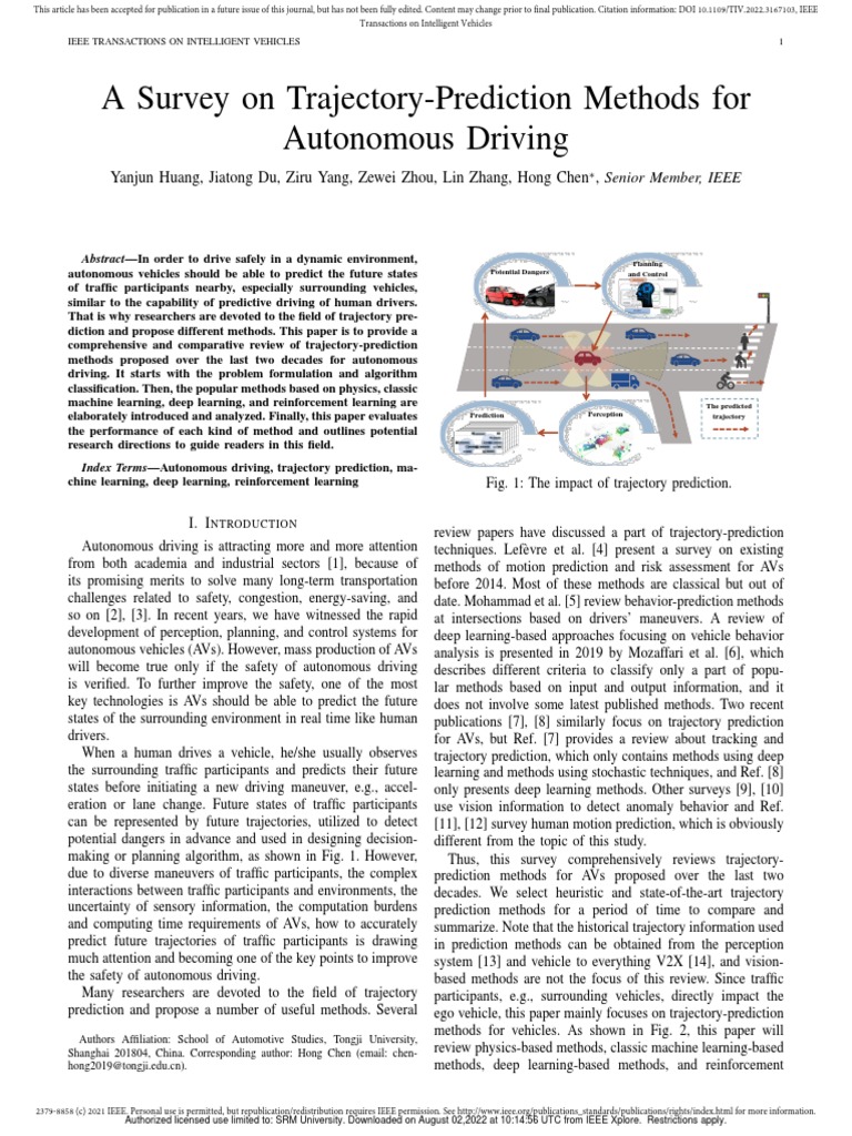 A Survey On Trajectory-Prediction Methods For Autonomous Driving | PDF | Kalman Filter ...