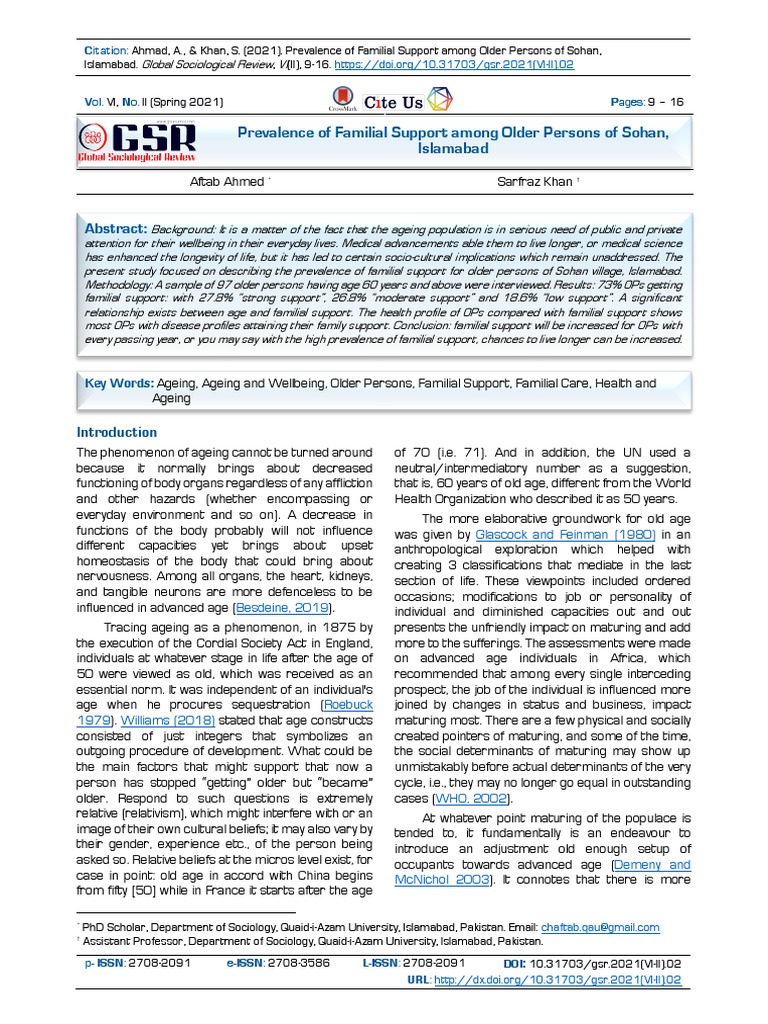 Prevalence of Familial Support Among Older Persons of Sohan Islamabad ...