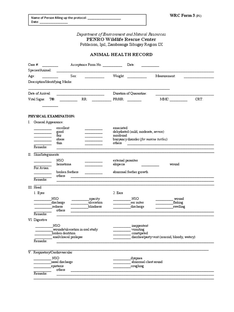 PENRO Wildlife Rescue Center: Animal Health Record | PDF | Clinical ...