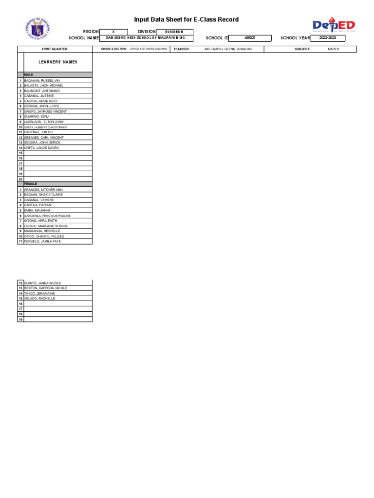 Grade 8 MAPEH Class Record 2022-2023 | PDF