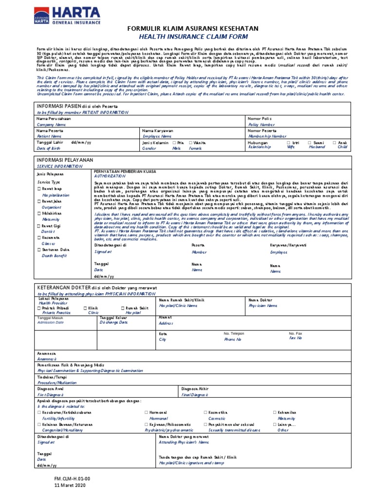 Fm Clm H 01 00 Formulir Klaim Asuransi Kesehatan Pdf