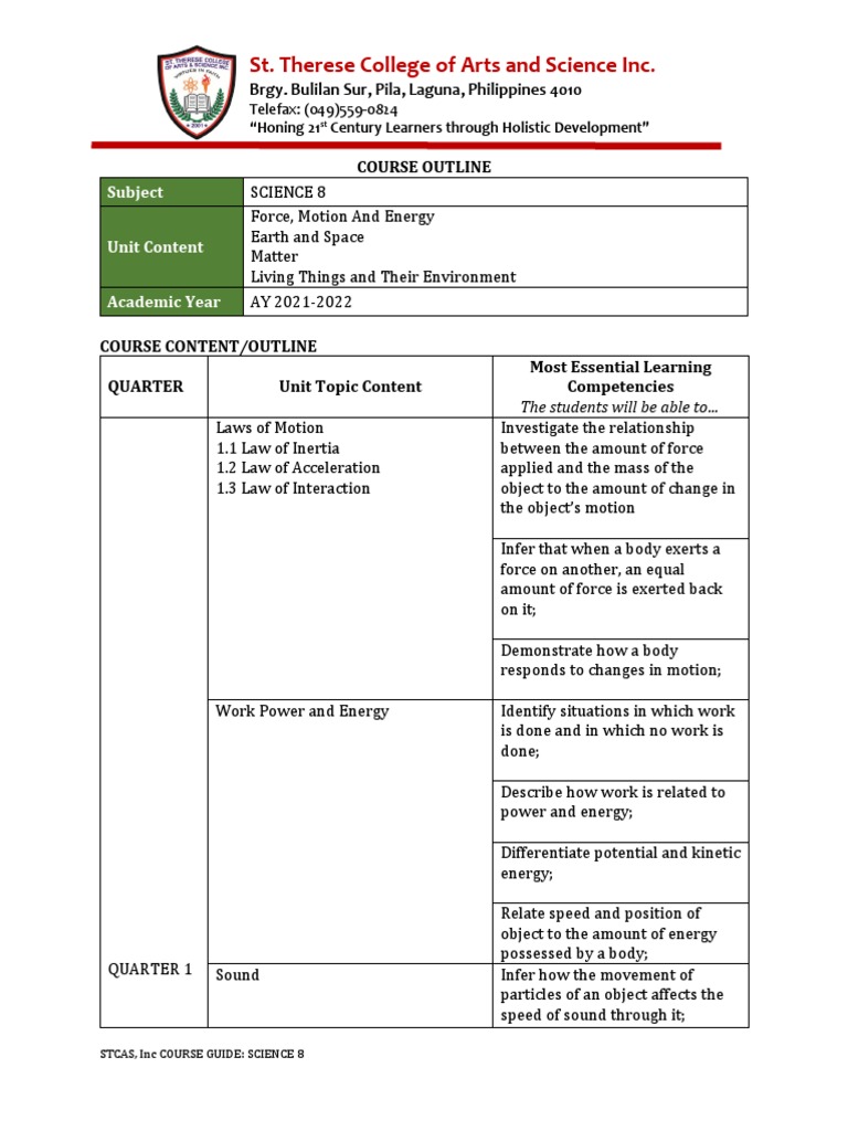 Course Outline Grade 8 Science | PDF | Force | Earthquakes