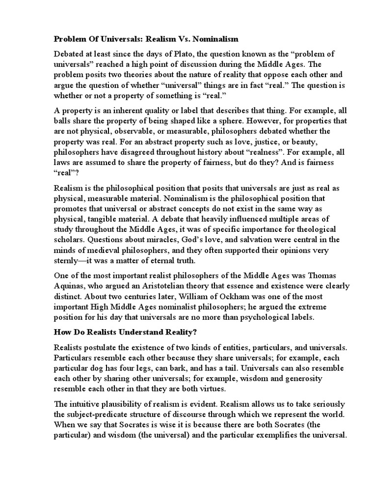 Problem of Universals: Realism vs. Nominalism | PDF | Philosophical ...