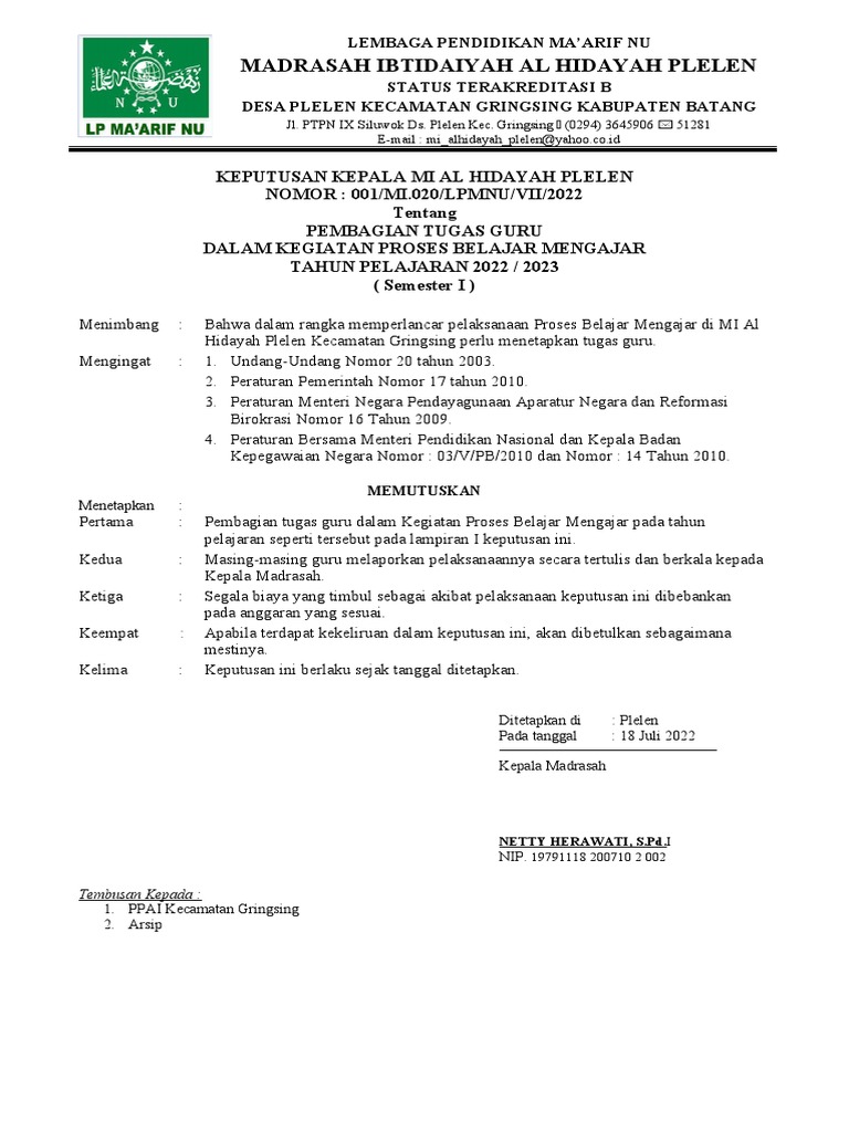 SK Pembagian Tugas SMT I TP 2021-2022 - Simpatika | PDF