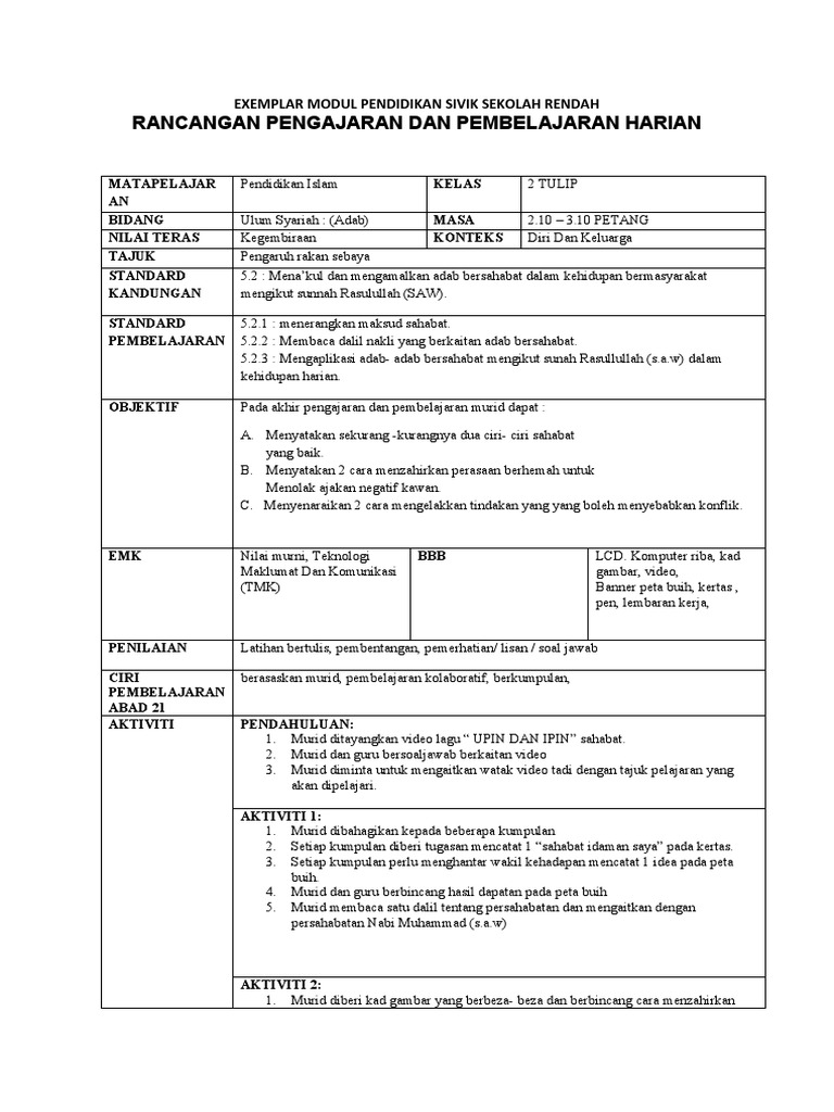 RPH EXEMPLAR MODUL PENDIDIKAN SIVIK SEKOLAH RENDAH | PDF