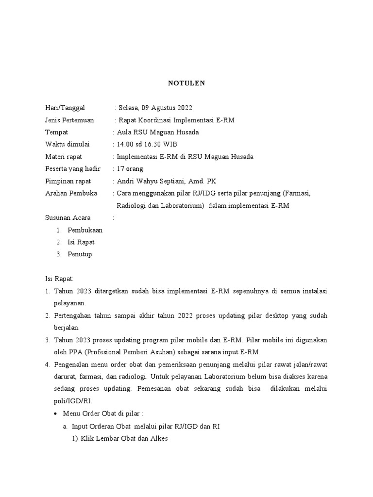 Notulen Rapat Implementasi Erm | PDF
