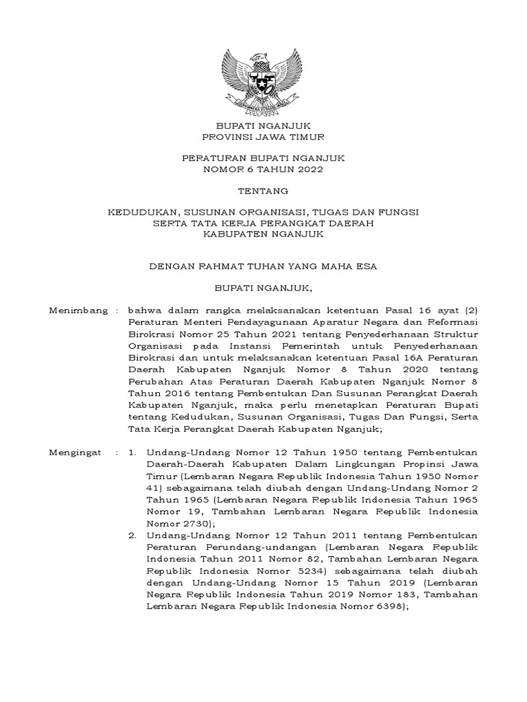 Perbup Salinan Nomor 6 Tahun 2022 TTG Sotk PD | PDF