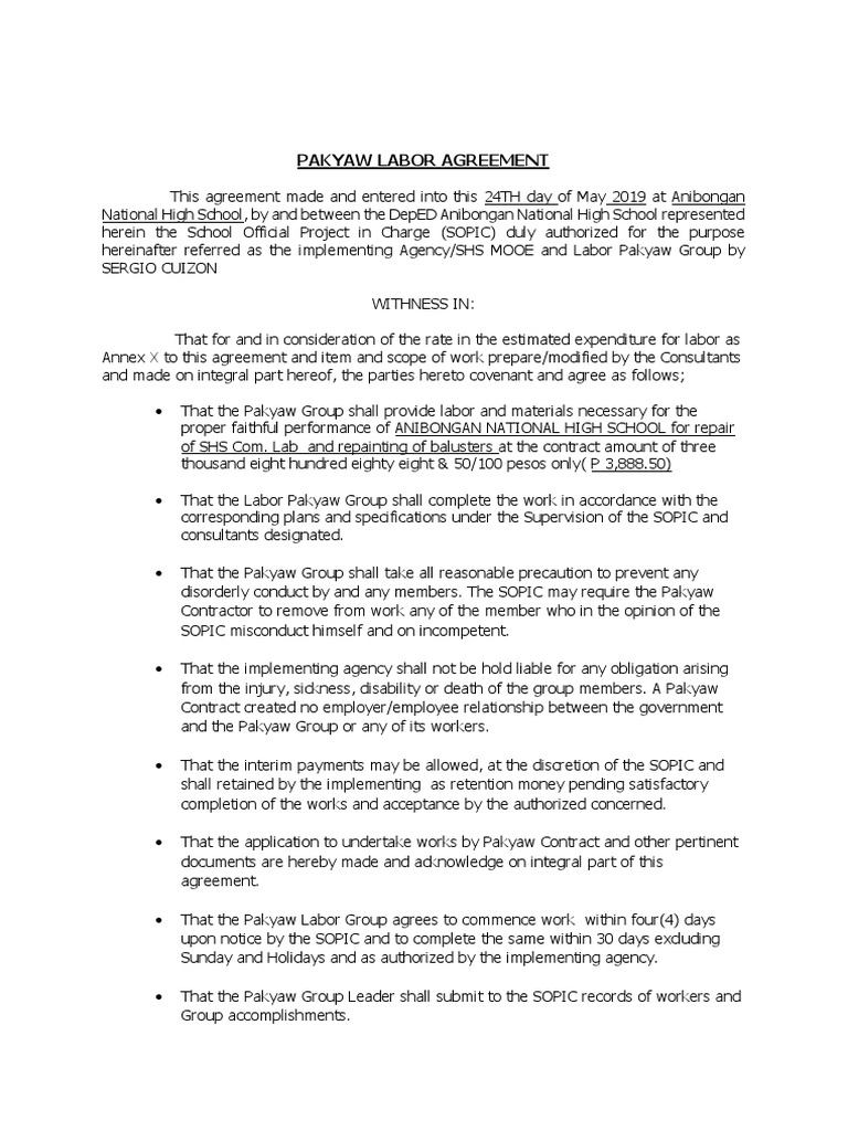 Pakyaw Labor Agreement | Download Free PDF | Employment | Common Law