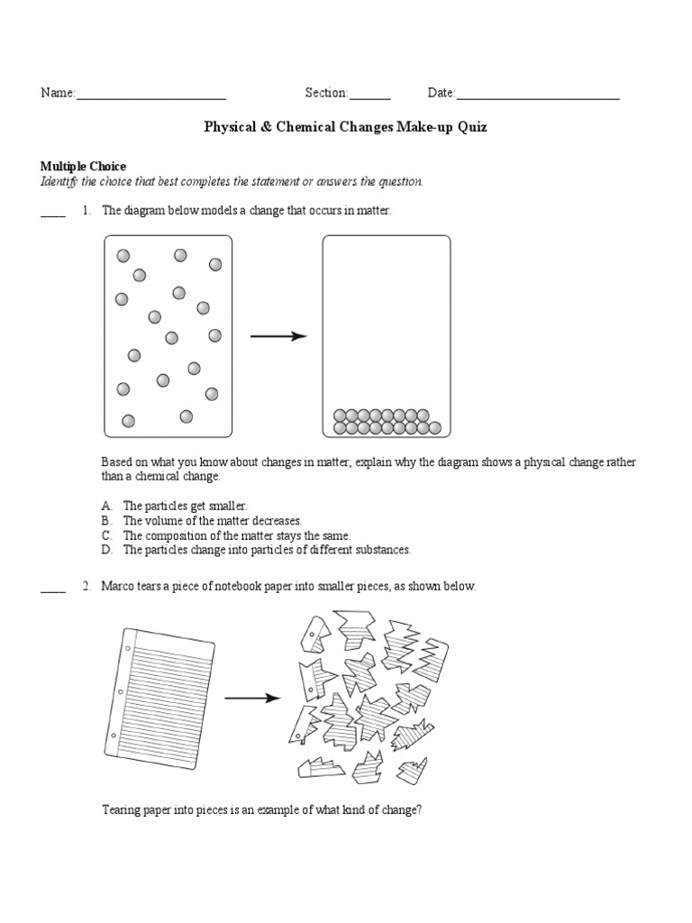 physical-chemical-changes-makeup-quiz | PDF | Chemical Substances | Mixture