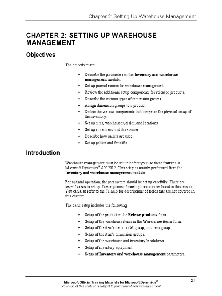 Chapter 2: Setting Up Warehouse Management: Objectives | PDF