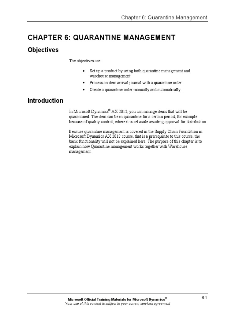 Chapter 6: Quarantine Management: Objectives | PDF | Warehouse | Inventory