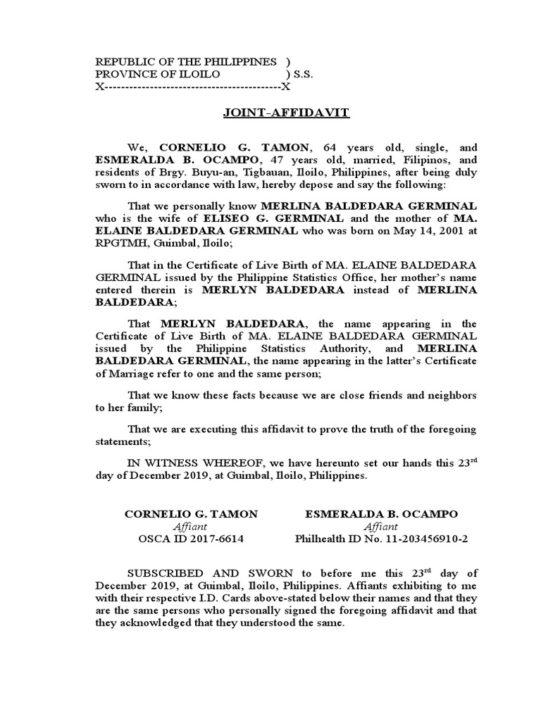 Joint Affidavit of Identity Confirmation | PDF | Social Science