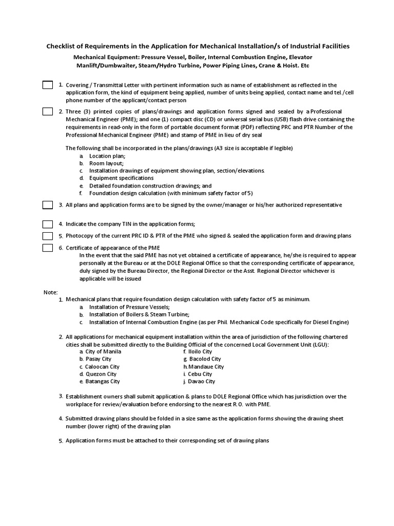 Checklist of Requirements in The Application For Mechanical ...
