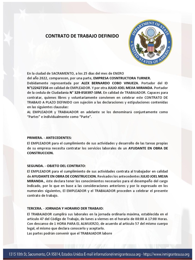 Contrato de Trabajo Definido Julio Joel Mejia Miranda | PDF | Salario ...