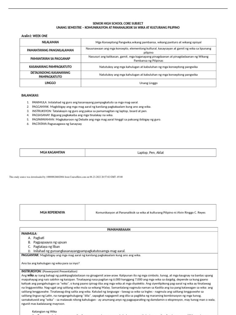 Lesson Plan Komunikasyon Chap1 | PDF