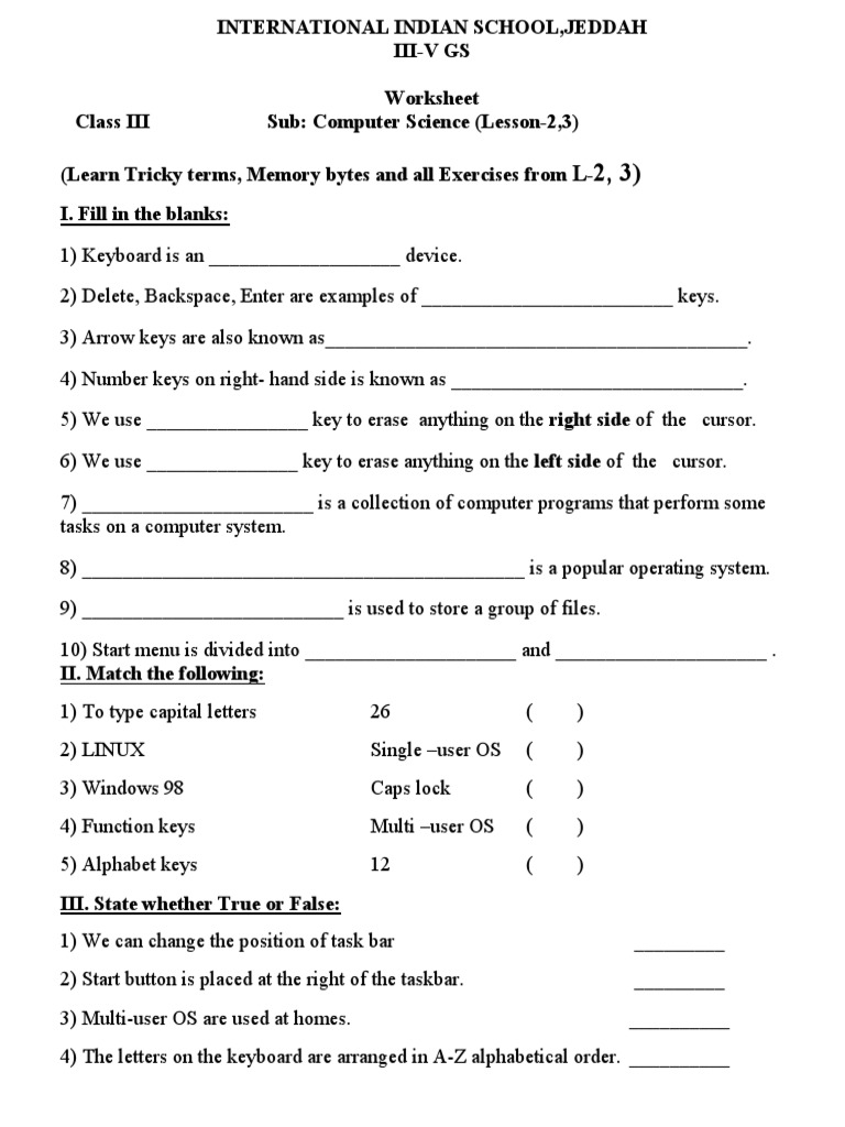 CBSE Class 3 Computer Practice Worksheet (6) - Tricky Terms | PDF | Computer Science | Computing ...
