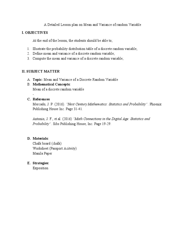 A Detailed Lesson Plan On Mean and Varia | PDF | Standard Deviation ...